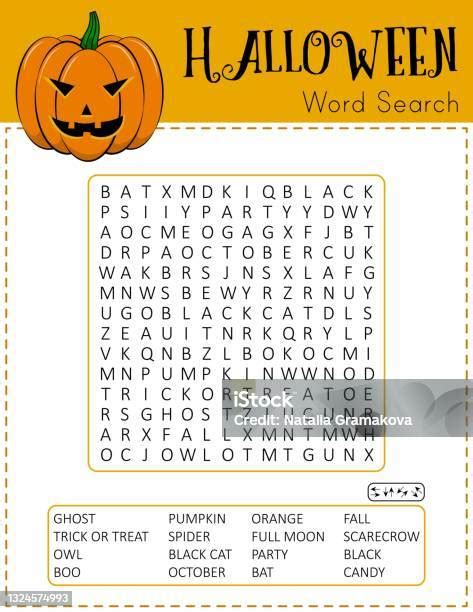 할로윈 단어 검색 퍼즐 아이들을위한 교육 게임 재미있는 휴일 크로스 워드 워드 퍼즐 영어 단어를 배우기위한 인쇄 축제 다채로운 워크 시트 단어찾기 퍼즐에 대한 스톡 벡터