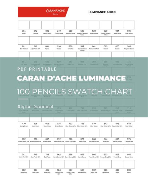 Caran Dache Luminance 100 Pencils Swatch Chart Etsy