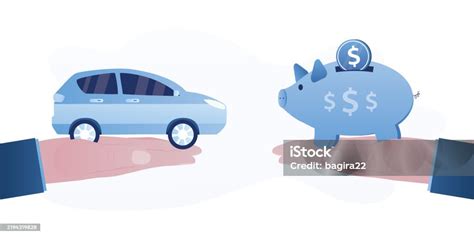 자동차와 돼지 저금통은 인간의 손에 서명합니다 차량 대출 프로모션 개념입니다 검소한 자동차 소유는 돈을 절약합니다 새 차를 사기 위해 돈을 저축하고 가격에 대한 스톡 벡터