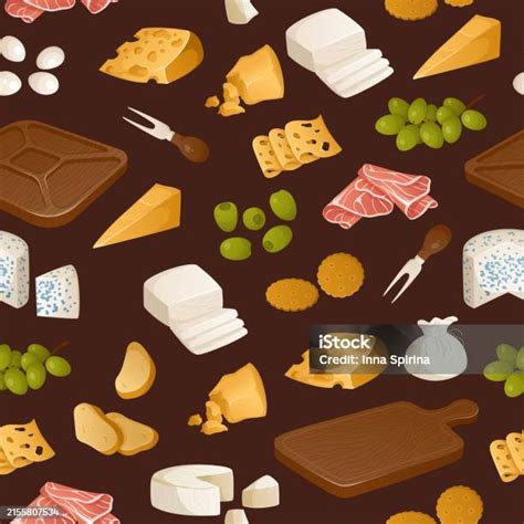 다양한 종류의 치즈와 과일의 밝은 패턴 전채 와인 스낵 사실적인 스타일의 벡터 일러스트 레이 션 개체 그룹에 대한 스톡 벡터 아트 및 기타 이미지 Istock