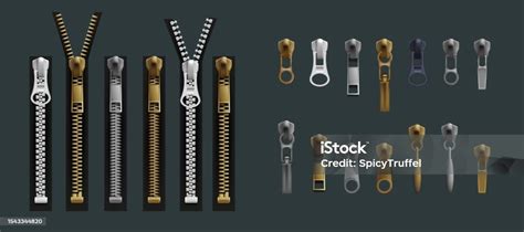 메탈 지퍼 의류 패스너 지퍼를 당깁니다 캐주얼 의류 액세서리 금색 또는 은색 물체 직물 또는 의류 실 직물 용 고정 재단사 바느질 벡터 닫힌 걸쇠 세트 금색에 대한 스톡