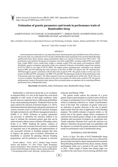 Pdf Estimation Of Genetic Parameters And Trends In Performance Traits Of Rambouillet Sheep