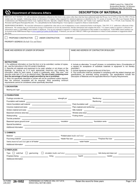 Va Form 26 1852 Description Of Materials Va Forms