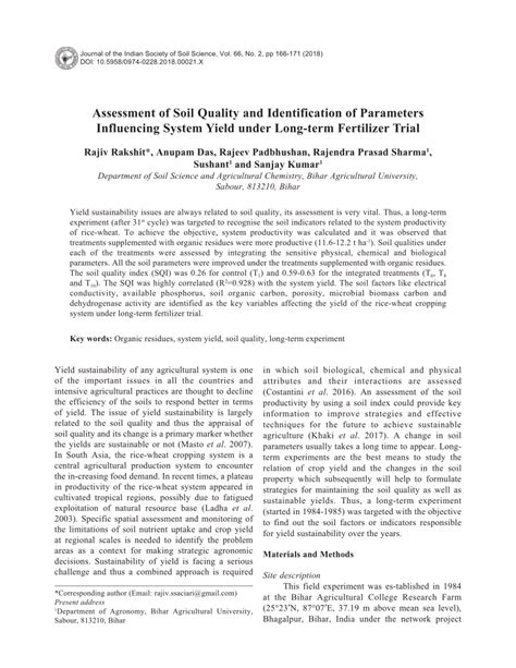PDF Assessment Of Soil Quality And Identification Of Parameters Influencing System Yield Under