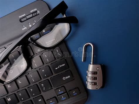 Black Keyboardglasses And Padlock On Blue Background Cybersecurity