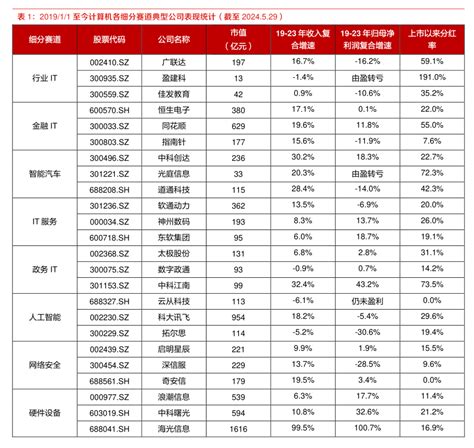 2019 1 1至今计算机各细分赛道典型公司表现统计（截至2024 5 29 2024年06月 行业研究数据 小牛行研