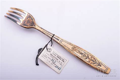 Вилка, серебро, 875 проба, 36.3 г, чернение, золочение, 16.5 см ...