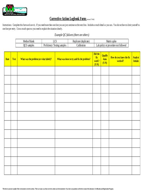 Corrective Action Logbook For Regional Laboratories Version 1 Dnr Wi