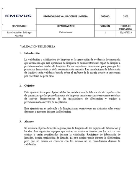 Protocolo De Validacion De Limpieza Espanol Pdf