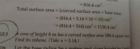 8164 Cm2 Total Surface Area Curved Surface Area Base Area 8164