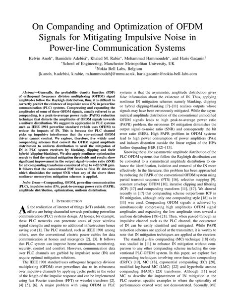 Pdf On Companding And Optimization Of Ofdm Signals For Mitigating Impulsive Noise In Power