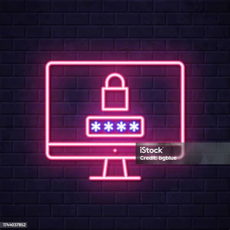 Desktop Computer With Password Glowing Neon Icon On Brick Wall Background Stock Illustration