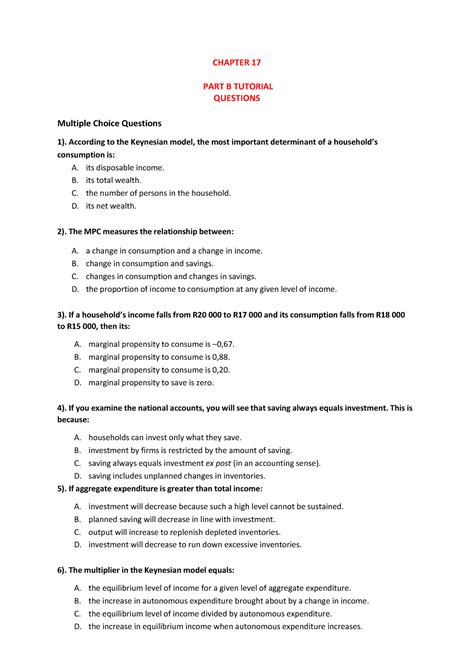 Chapter 17 Revision Questions Chapter 17 Part B Tutorial Questions Multiple Choice Questions