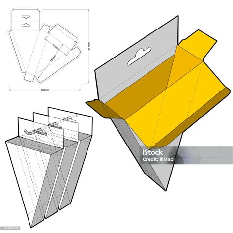 선반 행거 구멍과 다이 컷 패턴삼각형 상자 Eps 파일은 전체 스케일이며 완벽하게 작동합니다 실제 골판지 생산을 위해 준비되었습니다 0명에 대한 스톡 벡터 아트 및 기타