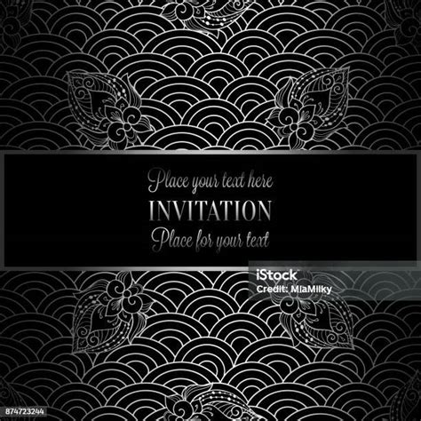 벡터 기하학 물고기 규모 레이아웃 추상 물결 초대 카드입니다 어두운 검은색에 은색 회색 트레이 서 리 팬 양식된 파도 모양 물고기 비늘 장식 꽃 규모에 대한 스톡 벡터 아트