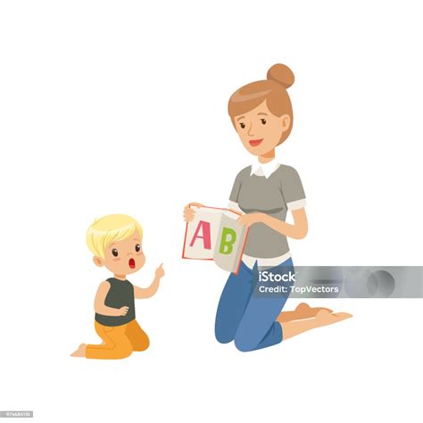 초등 교사는 바닥에 앉아서 어린 소년 여자 알파벳 초등학교 유치원 교육에서에서 언어 클래스 자녀 교육에 편지 A를 보여주는 벡터 일러스트 레이 션 공부에 대한 스톡 벡터