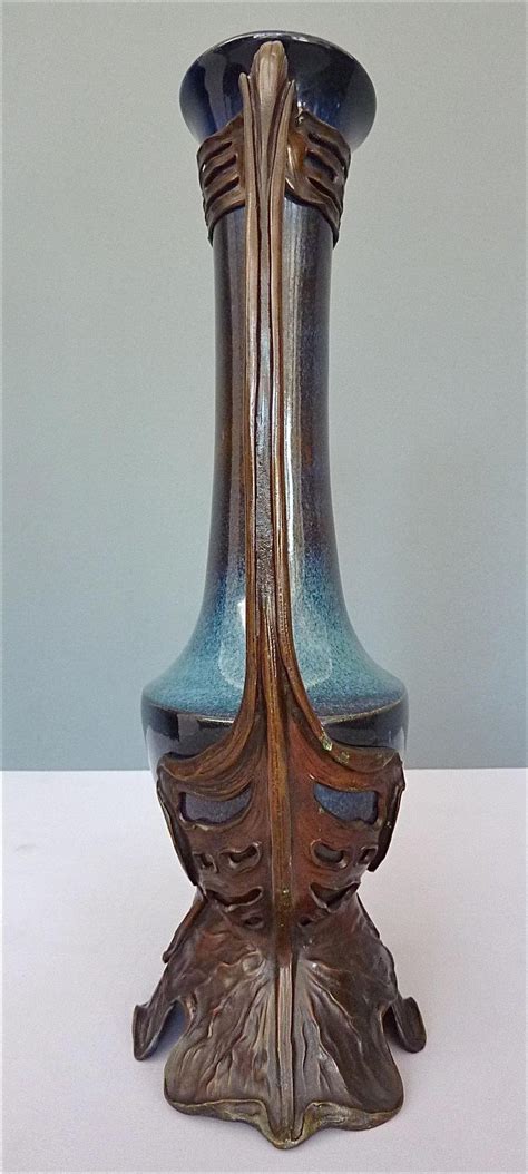 Important Otto Eckmann Waterlily Vase Jugendstil Patinated Bronze Kpm Stoneware For Sale At