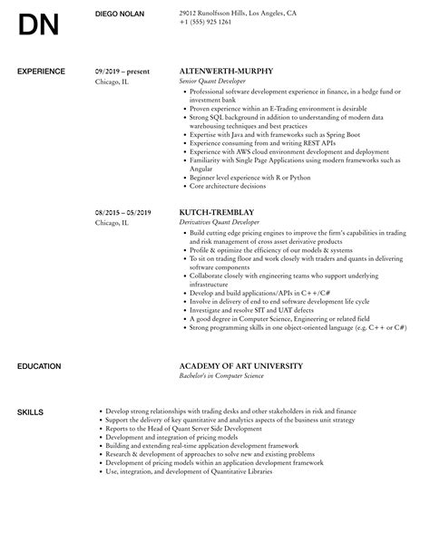 Quant Developer Resume Samples Velvet Jobs Quant Developer Resume Samples Velvet Jobs