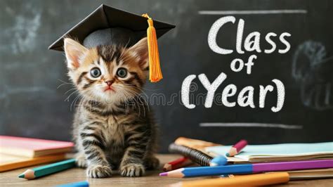 Playful Kitten Wearing Graduation Cap Poses Next To Chalkboard With