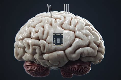 Human Brain Model With Electronic Chip Representation Highlighting Technology And Biology
