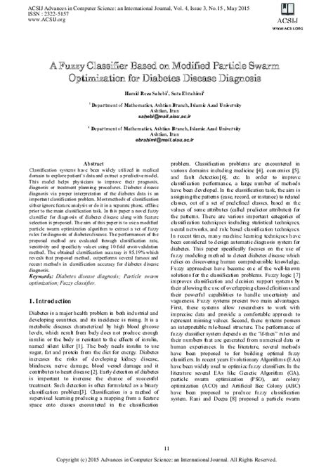 Pdf A Fuzzy Classifier Based On Modified Particle Swarm Optimization For Diabetes Disease
