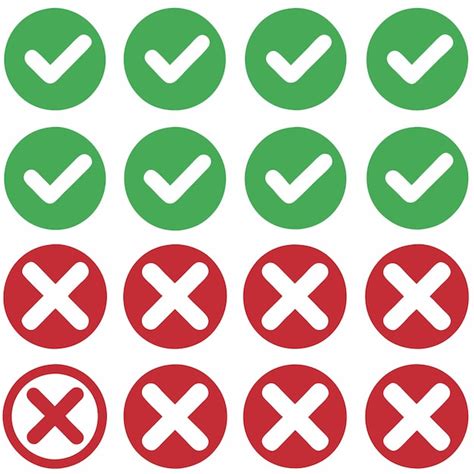 검증 및 오류 메시지를위한 간단한 녹색 체크 마크 및 빨간 십자가 기호 프리미엄 벡터
