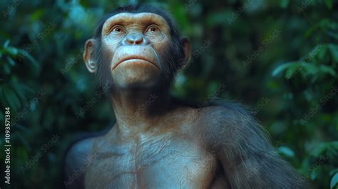 Australopithecus Afarensis Looking Upward In A Dense Prehistoric Forest Surrounded By