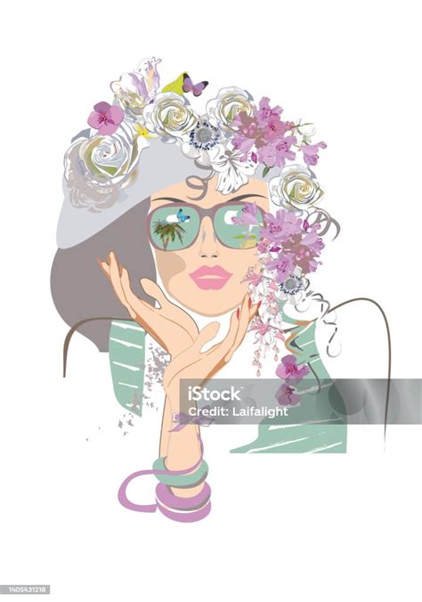 곱슬 머리로 장식 된 아름다운 소녀의 얼굴과 그녀의 손으로 그녀의 손으로 장식 Fashion Show에 대한 스톡 벡터 아트 및 기타 이미지 Fashion Show