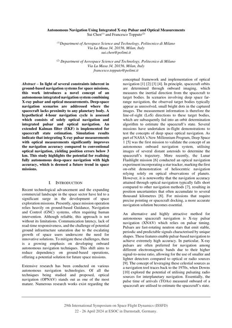 Pdf Autonomous Navigation Using Integrated X Ray Pulsar And Optical Measurements