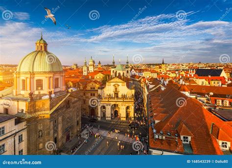 Aerial Panorama View With Flying Birds Of The Old Town In Prague Czech