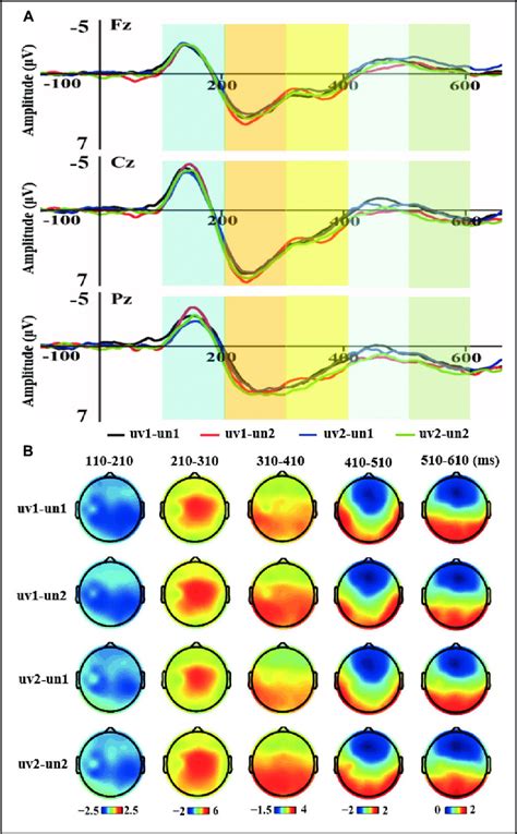 The Grand Averaged Erp Waveforms At Fz Cz And Pz And The Scalp