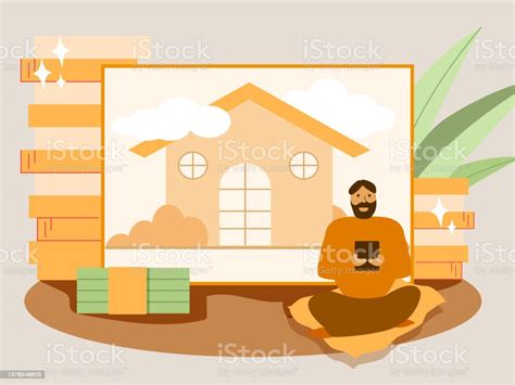 손으로 그린 남성 상인 모니터링 및 분석 주식 시장 돈과 집 배경 평면 벡터 일러스트 거래자에 대한 스톡 벡터 아트 및 기타 이미지 거래자 경제 구매 Istock