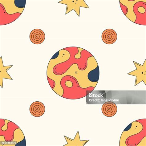 원활한 패턴 벡터 일러스트 레이 션 와 추상적인 행성 Star 그루비 은하계 만화 공간 장난기 넘치고 마법 같은 스타일 검은색에 대한 스톡 벡터 아트 및 기타 이미지