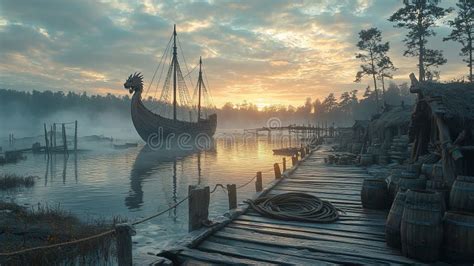 Medieval Viking Harbor At Sunrise Stock Illustration Illustration Of