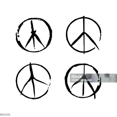 4 개의 벡터 평화 상징의 집합입니다 솔과 함께 손으로 그린 평화 기호에 서명 하십시오 흰색 배경에 검은 히피 기호입니다 4가지 개체에 대한 스톡 벡터 아트 및 기타 이미지