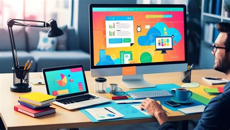 Modern Creative Workspace With Dual Screens And Colorful Graphics Premium Ai Generated Image