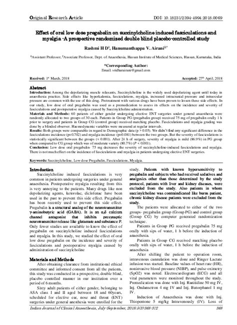 Pdf Effect Of Oral Low Dose Pregabalin On Succinylcholine Induced Fasciculations And Myalgia