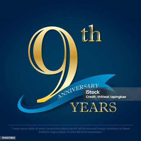 기념 축 하 카드와 초대장에 대 한 어두운 파란색 배경 벡터 일러스트 레이 션 템플릿 디자인에 파란색 리본을 가진 기념일 경축 상징 9 년 기념일 황금 로고 9에 대한 스톡
