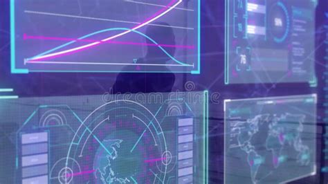 animation of screens with data processing on dark background stock