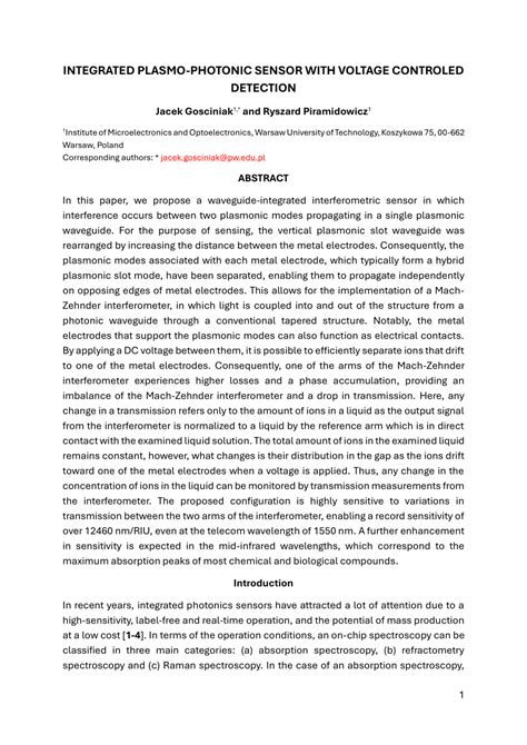 Pdf Integrated Plasmo Photonic Sensor With Voltage Controled Detection