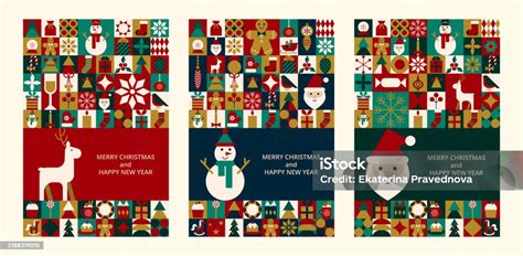 메리 크리스마스와 새해 복 많이 받으세요를 위한 컬렉션 3 인사말 카드 트렌디한 심플한 기하학적 모양 눈사람 쿠키 선물 양초가 있는 아이콘 바우하우스 스타일 포스터 배너