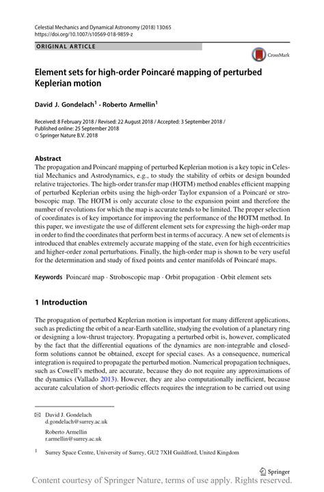 Element Sets For High Order Poincaré Mapping Of Perturbed Keplerian Motion Request Pdf