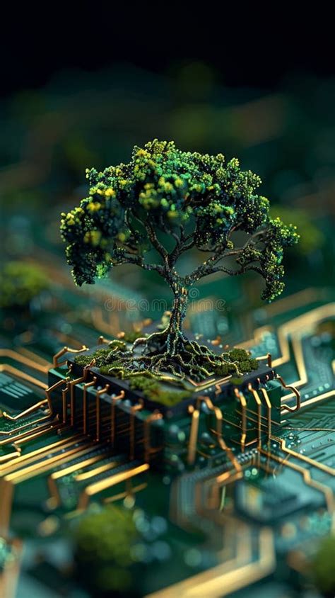 Convergence Of Nature And Technology Tree Sprouts From Circuit Board Stock Illustration