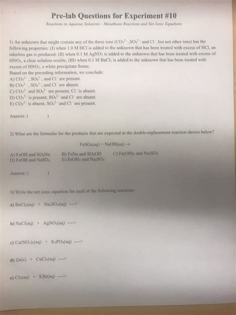 Solved Pre Lab Questions For Experiment Reactions In Chegg