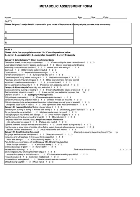 Metabolic Assessment Form Printable Pdf Download