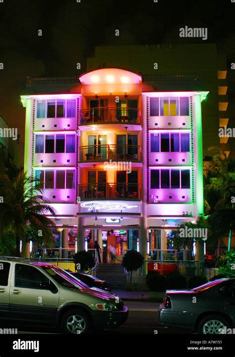 Art Deco Hotel Neon Illumination Night Ocean Drive Miami Beach Florida