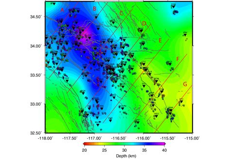 the large scale geometry of the inferred moho interface colored by the