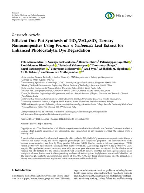 Pdf Efficient One Pot Synthesis Of Tio2 Zro2 Sio2 Ternary Nanocomposites Using Prunus ×