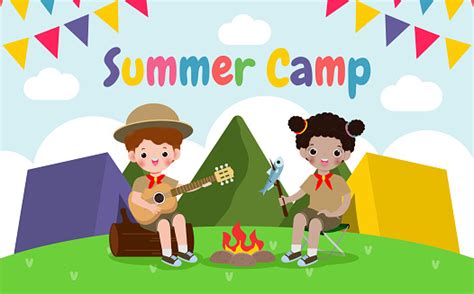 여름 캠프 아이들은 광고 브로셔 포스터에 대한 스카우트 명예 유니폼 배너 템플릿 배경 교육을 착용 캠핑 활동을하는 행복한 아이들 전단지 텍스트 플랫 벡터 일러스트 레이 션