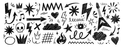 손으로 그린 록 펑크 음악 스타 그런 지 하트 낙서 아이콘 요소 세트 크레용 브러쉬 스트로크 손으로 그린 선 스케치 스타일 낙서
